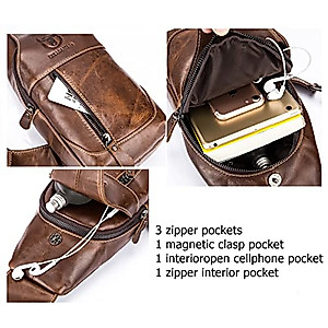 BULLCAPTAIN Men Leather Sling Chest Bag Outdoor Travel Shoulder Crossbody Bags Hiking Small Backpack (Brown)