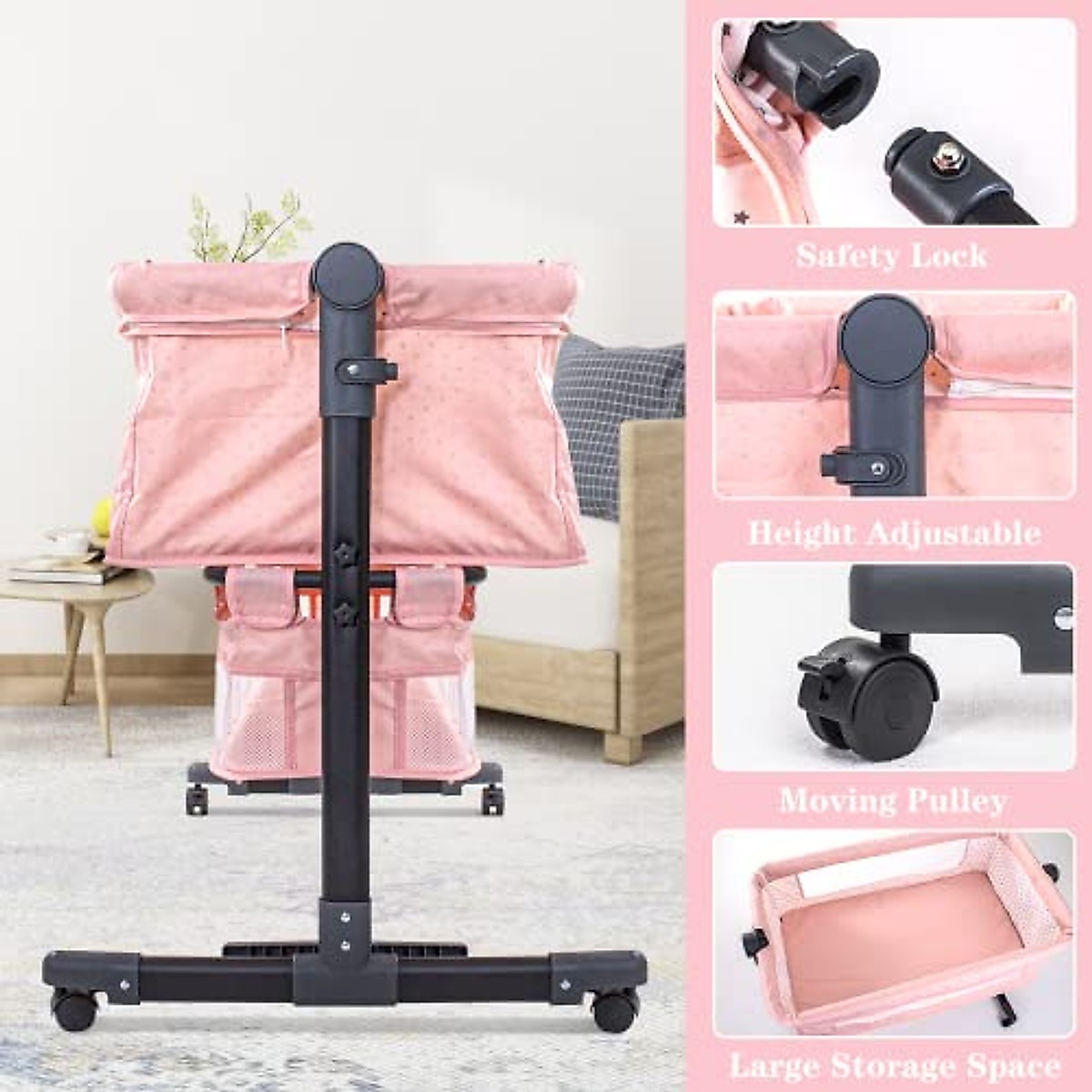 3 in 1 Baby Bassinets, Bedside Sleeper & Bedside Crib with Storage Basket, Easy to Assemble Baby Cradle, with Wheels, Adjustable Height, Mattress, Mosquito Nets