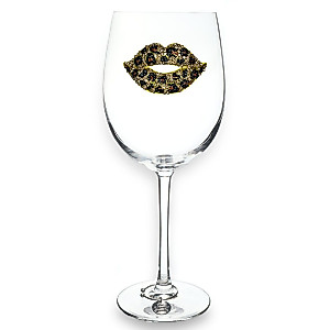 THE QUEENS' JEWELS Leopard Lips Jeweled Stemmed Wine Glass, 21 oz. - Unique Gift for Women, Birthday, Cute, Fun, Not Painted, Decorated, Bling, Bedazzled, Rhinestone