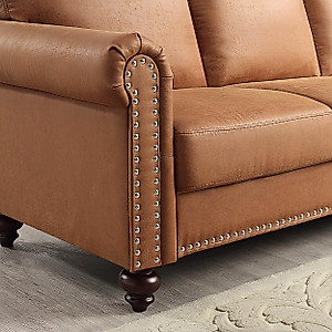 80'' Brown Leather Sofa Couch with Nailhead Trim, Mid Century Modern 3 Seater Couch Comfy Sofa Loveseat Love Seat with Extra Deep Seat and Rolled Arm Couches for Living Room, Bedroom, Office