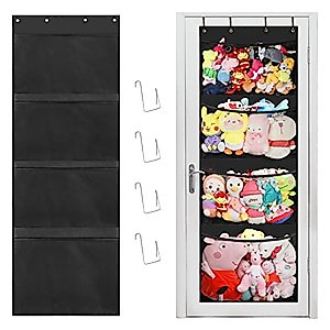 Melpler Stuffed Animal Storage - Stuffed Animal Holder, Hanging Stuffed Animal Organizer for Nursery, Over the Door Organizer for Stuffies, Toy Plush Storage with 4 Hooks 3 Support Rods(Black)