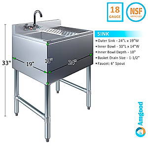 AmGood 1 Compartment Under Bar Sink With 12" Right Drainboard and Faucet - 24" X 18 3/4". NSF. Commercial One Bowl Under Bar Sink