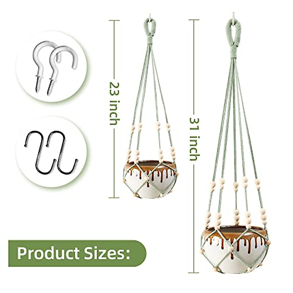 LSEYKRMH 2 Pack Macrame Plant Hangers No Tassel,Hanging Baskets with Wood Bead Hanging Planter Holders No Tail for Indoor Outdoor Plants Holders with Trays & Hooks 24"/31" (Green)
