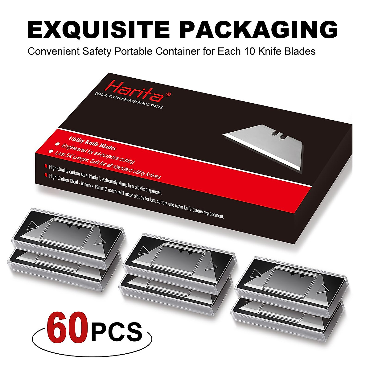 Harita 60 pcs Utility Knife Blades, SK5 Steel Box Cutter Blades with Storage Case, Standard Razor Blades for Box Cutter Utility Knife Replacement, Sharper Refilled Knife Blades