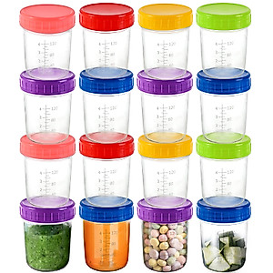 Jucoan 16 Pack Glass Baby Food Storage Jar, 6 Ounce Small Glass Mason Jars with Plastic Lids for Jello, Jam, Honey, Dessert, Spice, Wedding Favor, BPA Free Reusable Glass Containers with Colorful Lids