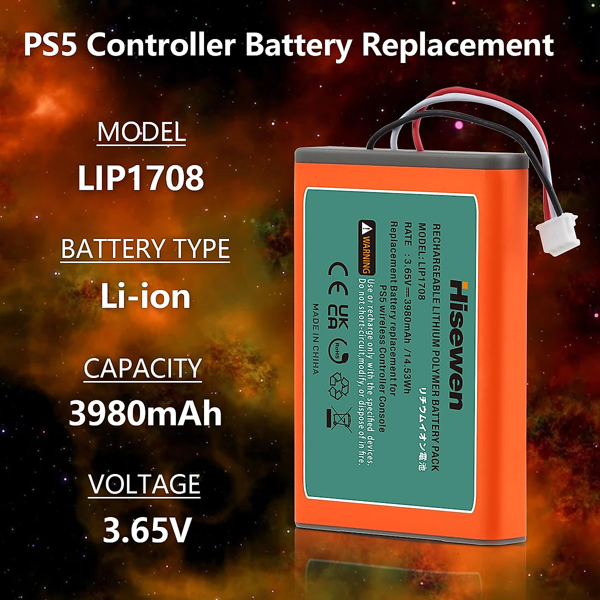 Hisewen PS5 Controller Battery 2 Pack, 3980mAh LIP1708 PS5 Battery Pack for Sony PlayStation 5 PS5 DualSense CFI-ZCT1W Wireless Controller