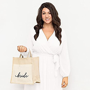 WEDDINGSTAR Medium Reusable Woven Jute Tote Bag With Pocket - Bride