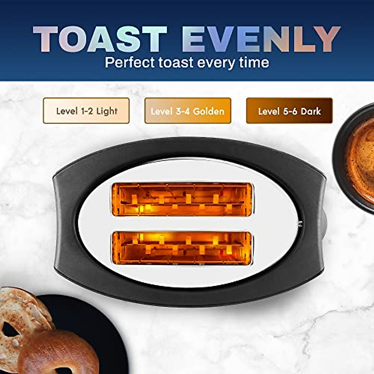 Elite Gourmet ECT2428 Extra Wide 1.25” Slot 2-Slice Toaster, Cancel, Defrost and Bagel Functions, 6 Toast Settings, Slide-Out Crumb Tray, Stainless Steel