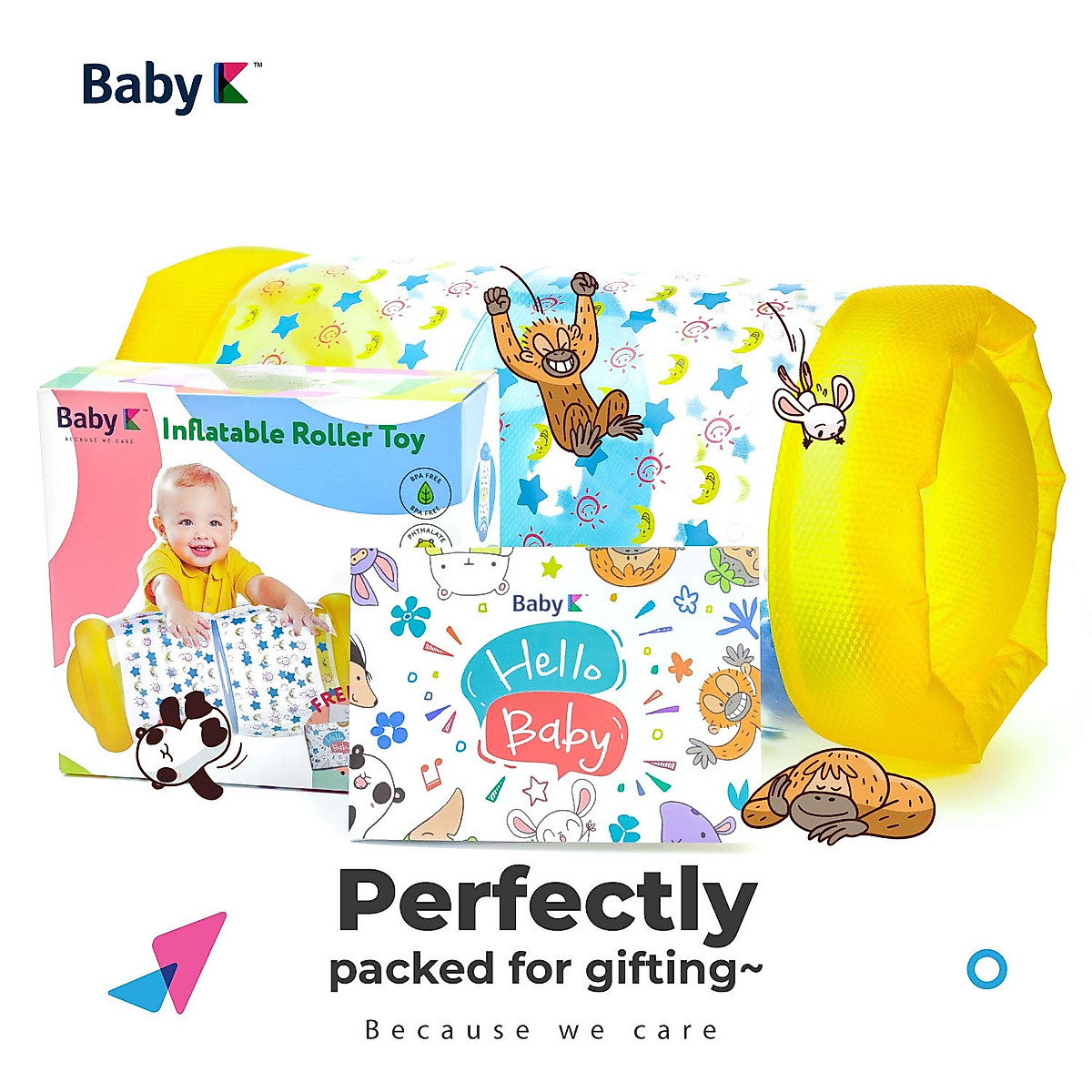 BABY K Inflatable Baby Roller Toy (Yellow) - Tummy Time Toys for Babies 0-6 Months - Baby Crawling Toys for Babies 6-12 Months- Early Development Crawling Fitness Baby Toys - Baby Exercise Toys