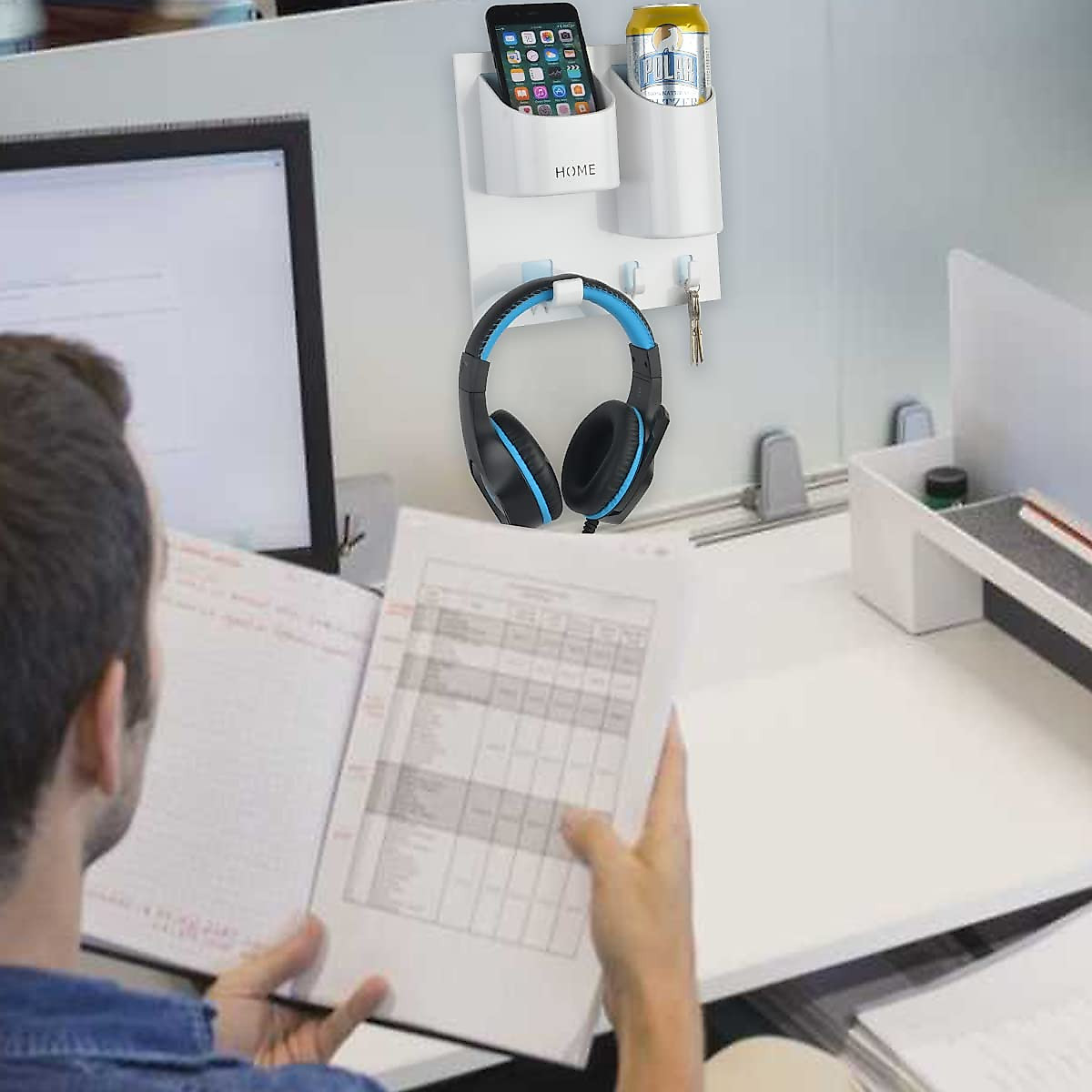 OKOMATCH Bedside Shelf Caddy Drink Beer Holder Can Wall Mounted | Adhesive Stick On | 3 Hooks Drain Hole Design Cellphone Organizer | Gaming RV Boat Bedroom Office