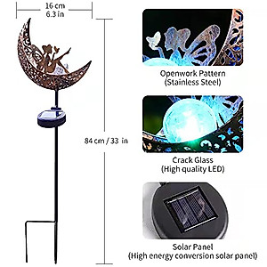 Solar Outdoor Lights Decorative, Solar Powered Garden Light, Moon Crackle Glass Globe Metal Stake Light With Angel, Waterproof Pathway Lights For Walkway Yard Lawn Courtyard Backyard Decoration
