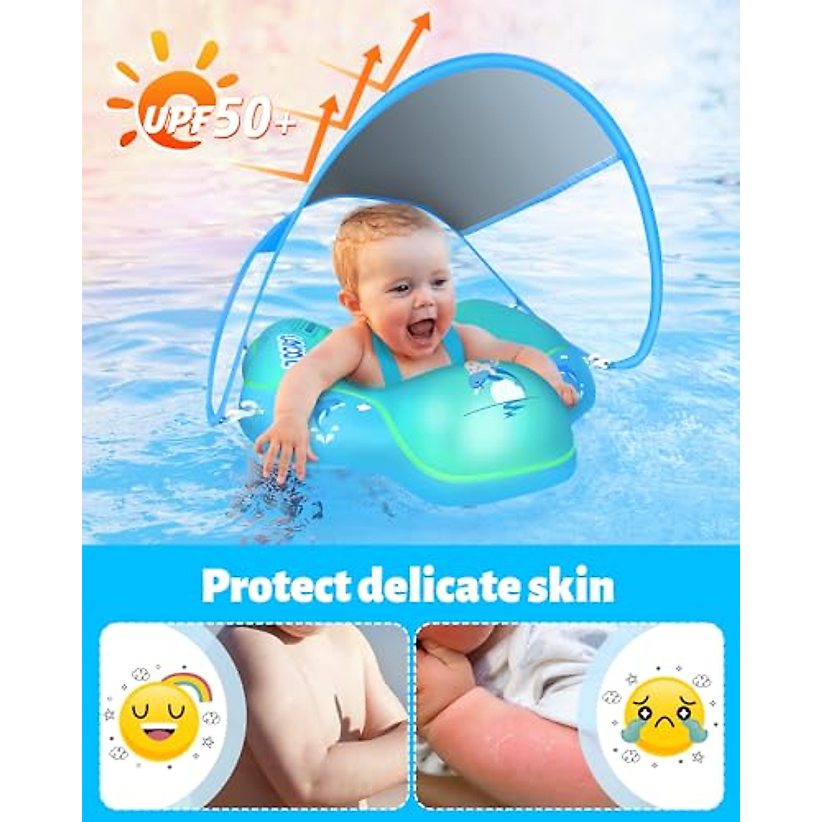 LAYCOL Baby Swimming Float Inflatable Baby Pool Float Ring Newest with Sun Protection Canopy,add Tail no flip Over for Age of 3-36 Months (Blue, L)