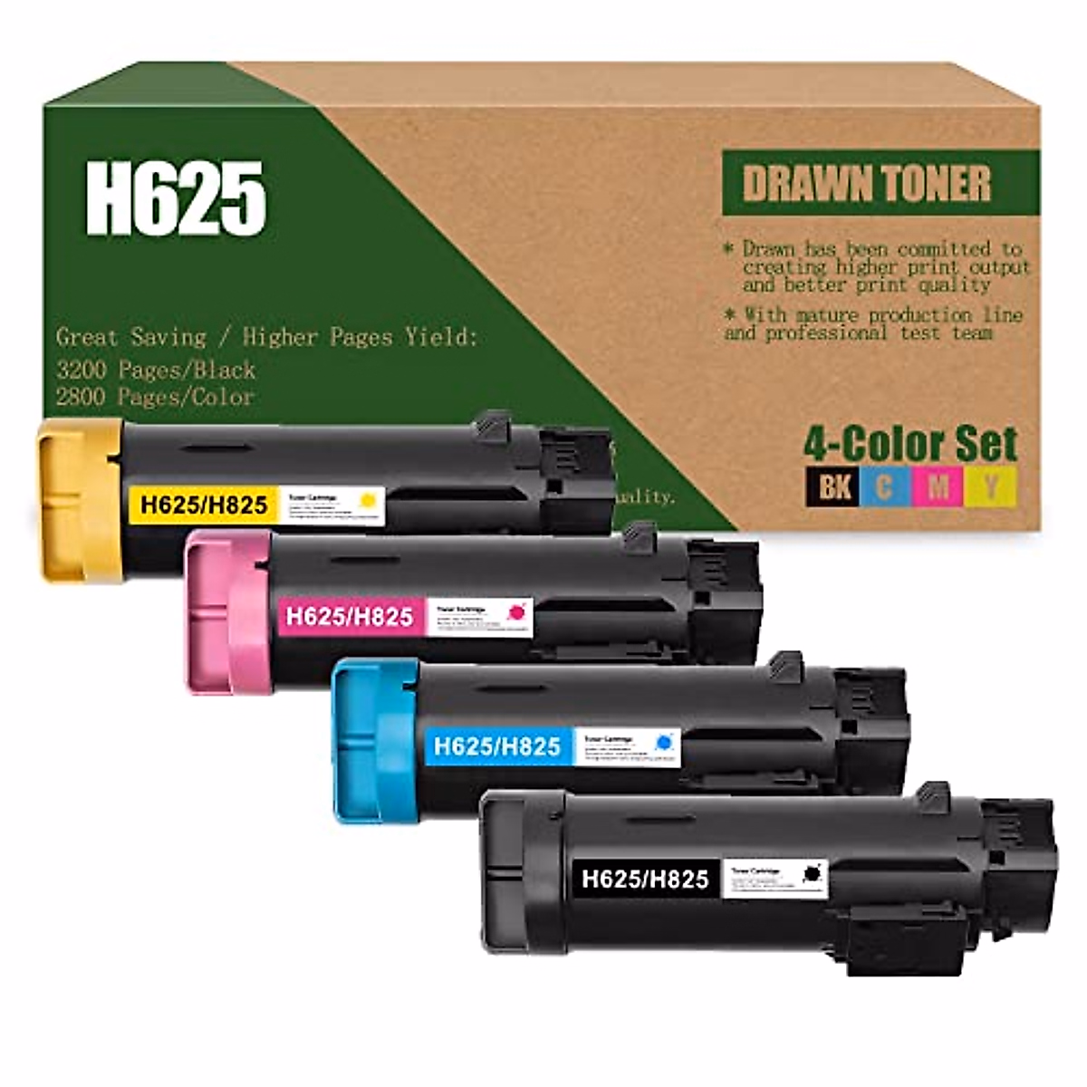 4-Color High-Yield Toner Cartridge Set(Black / Cyan / Magenta / Yellow) Drwn Compatible Toner Replacement for Dell H625, H825, S2825 Laser Printer, N7DWF P3HJK 5PG7P 3P7C4