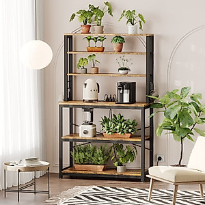 Rovaurx Standing Baker's Rack with Power Outlets, Microwave Oven Stand, Industrial Kitchen Cart Storage Shelf Organizer, Rustic Brown KTJZ001A