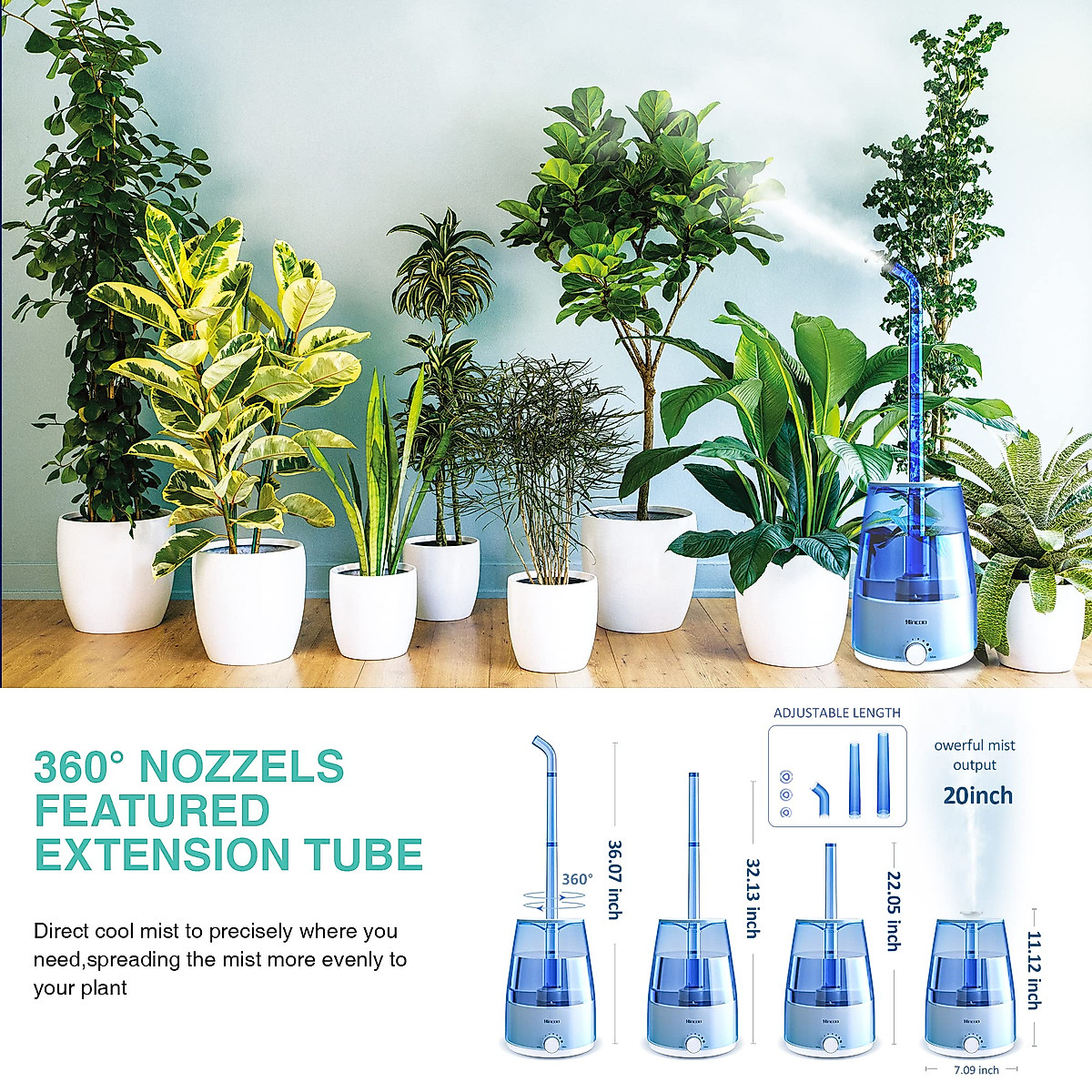 Hincoo Cool Mist Humidifiers for Large Room (4L), Top Fill Ultrasonic Humidifiers for Bedroom Quiet with Essential Oil Diffuser, Plant Humidifiers with Featured Extension Tube, Auto-Shut Off