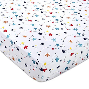 Fisher Price Space Explorer Fitted Crib Sheet Cotton Stars, Space Themed Nursery Bedding 28 x 52” Fitted Crib Sheet for Standard Crib Mattress