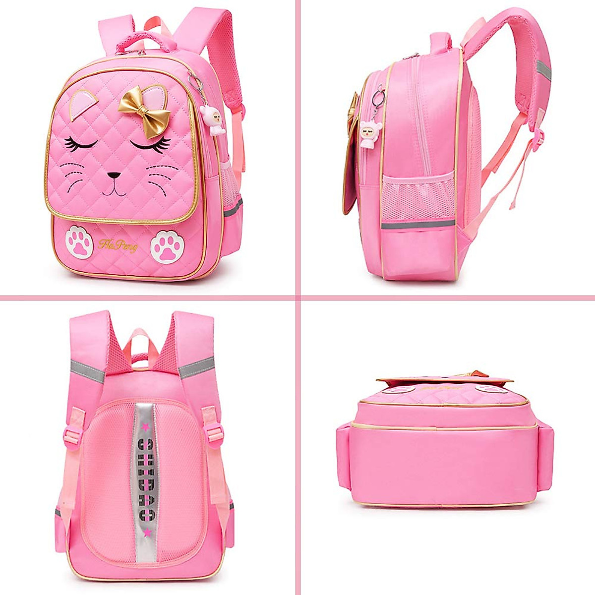 Chamqueen Cute Cat Face Bowknot School Backpack Kids School Bookbag Princess Backpack for Girls Students Pink