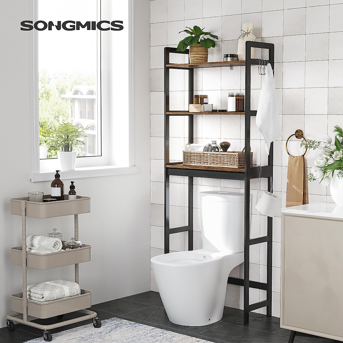 SONGMICS Over-The-Toilet Storage, 3-Tier Bathroom Organizer Over Toilet with Adjustable Shelves, Hooks, Bamboo, Freestanding Space Saver Bathroom Shelves, Rustic Brown and Ink Black UBTS012B01
