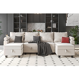 Tbfit Modular Sectional Sofa with Storage Ottoman, Convertible Oversized U Shaped Couch with Reversible Chaises, Sleeper Sofa with Adjustable Arm for Living Room, Beige