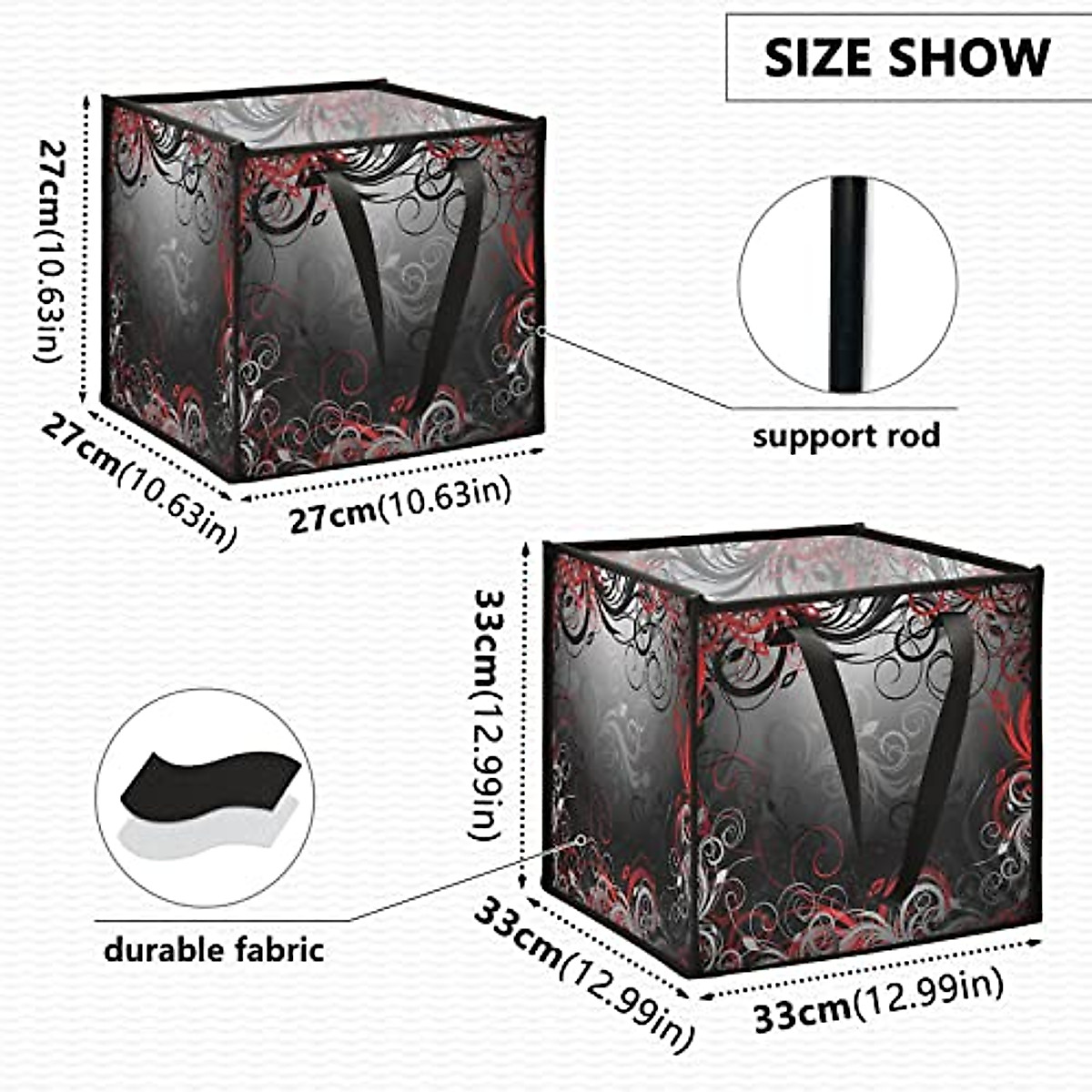 Blueangle Black Red Floral Cube Storage Bin with Handles, 10.6 x 10.6 x 10.6 in, Large Collapsible Organizer Storage Basket for Home Décor（158）