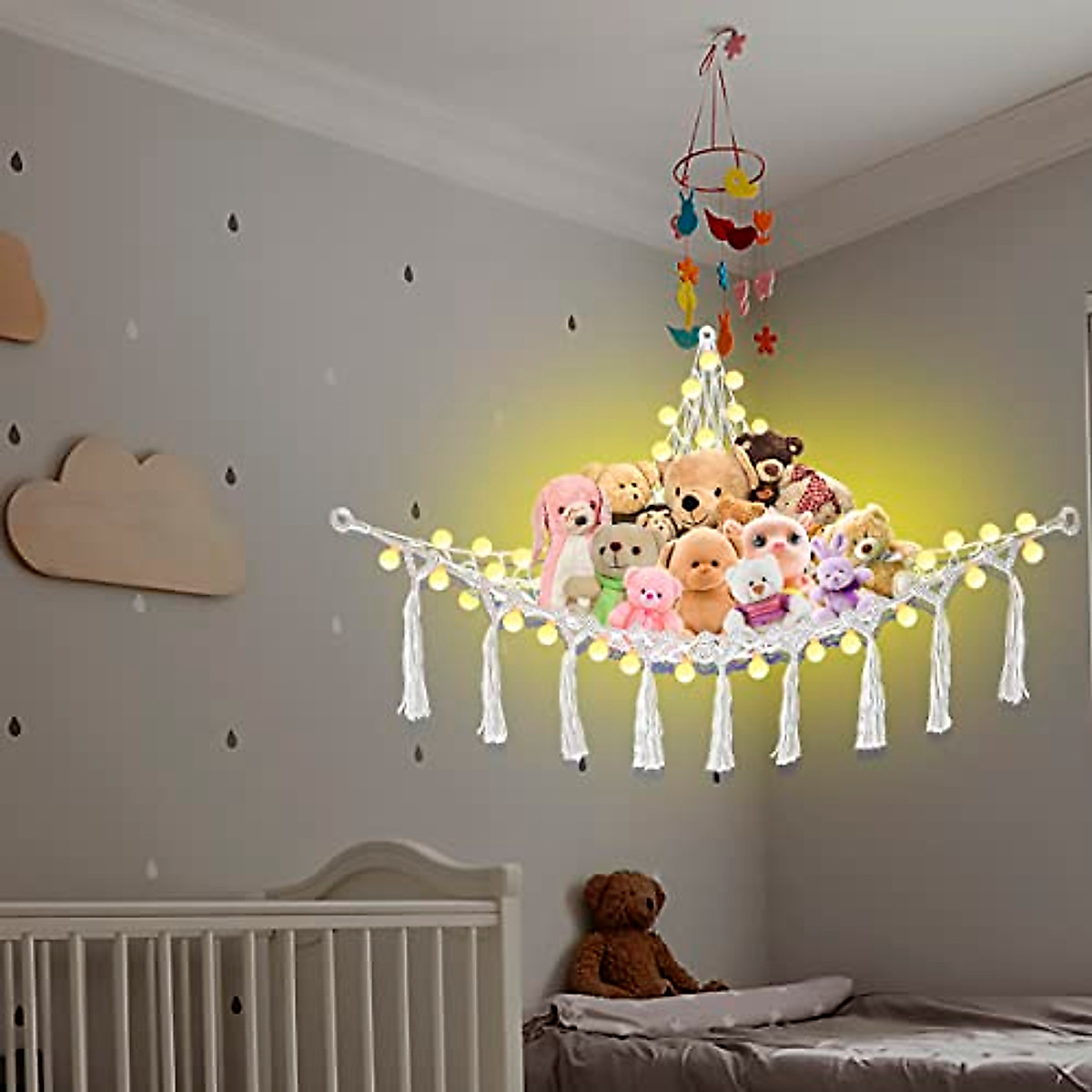 POTWIY Stuffed Animal Net or Hammock with Macrame Boho Teddy Bear Toy Hammock, Toy Storage, Net for Stuffed Animals Hanging Storage Holder Wall Net, Nursery Play Bedroom Kids Room Decor