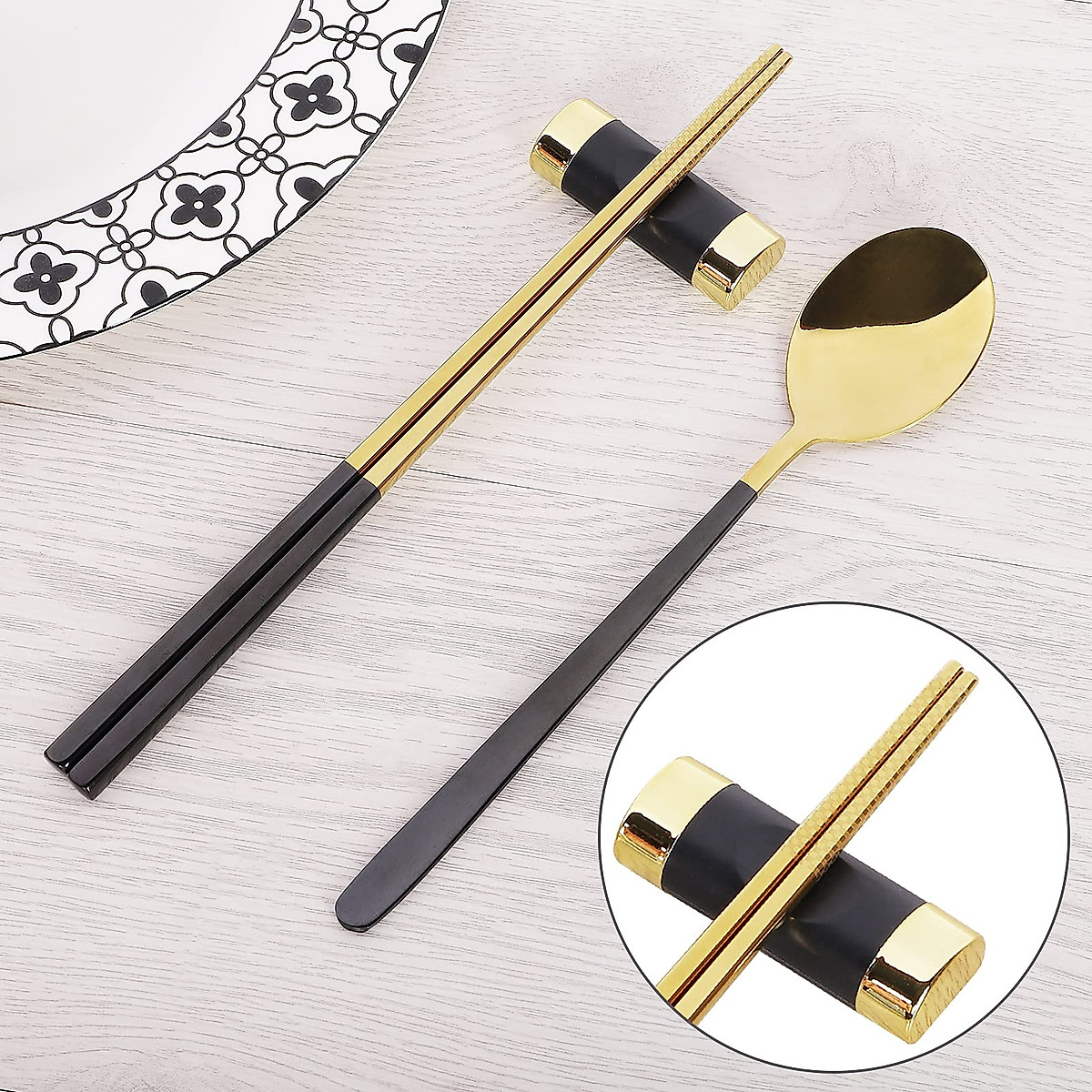 Stainless Steel Chopsticks Spoons and Chopsticks Holders, Flatware Gift Set (Black Golden)