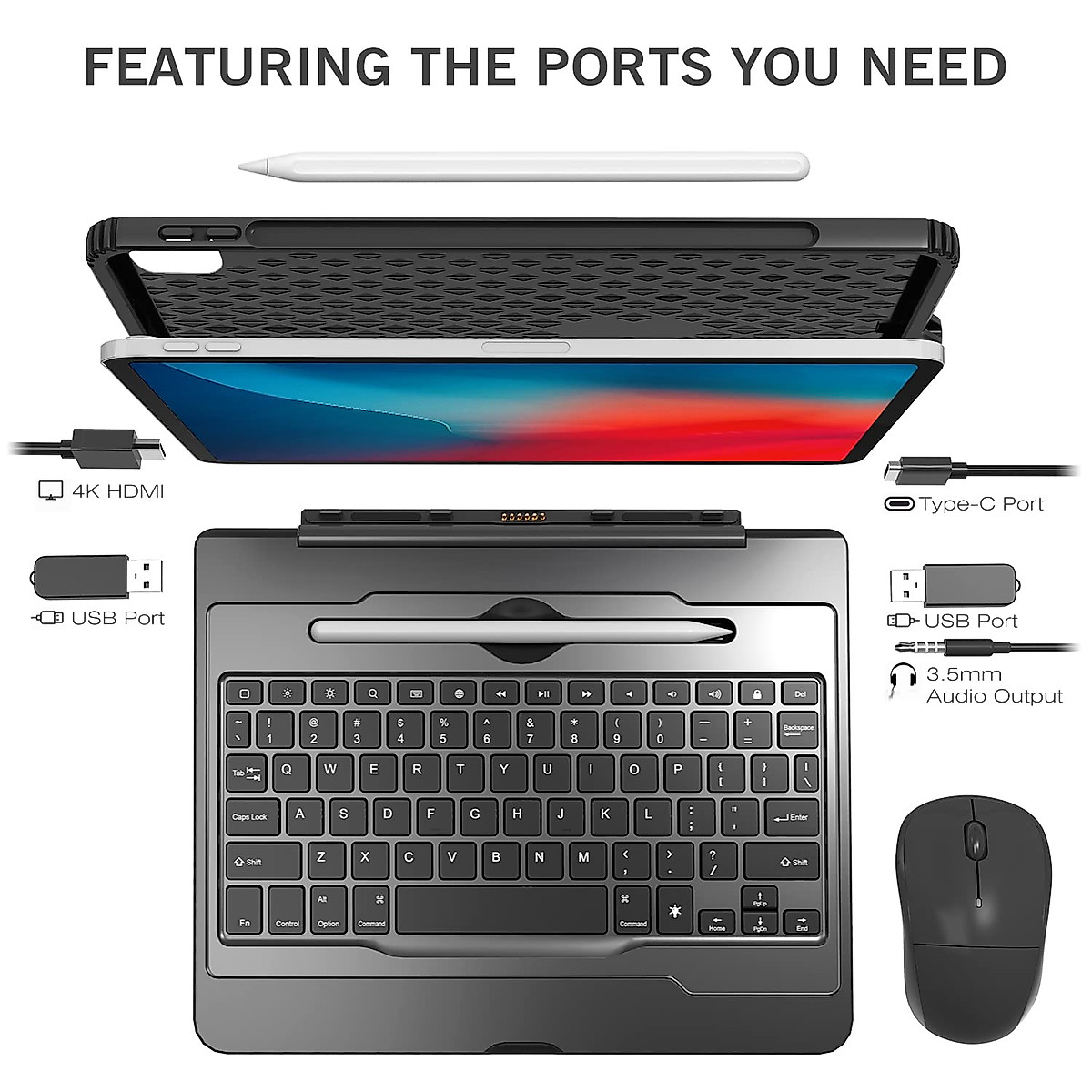 CHESONA for iPad Pro 11 Case with Keyboard, Air 5th Generation Case with Keyboard 10.9-inch, 5-in-1 Typc-C & USB Hub, 7 Color Backlit - Smart Keyboard for iPad Pro 11 Inch, Air 5th, Air 4th, Black