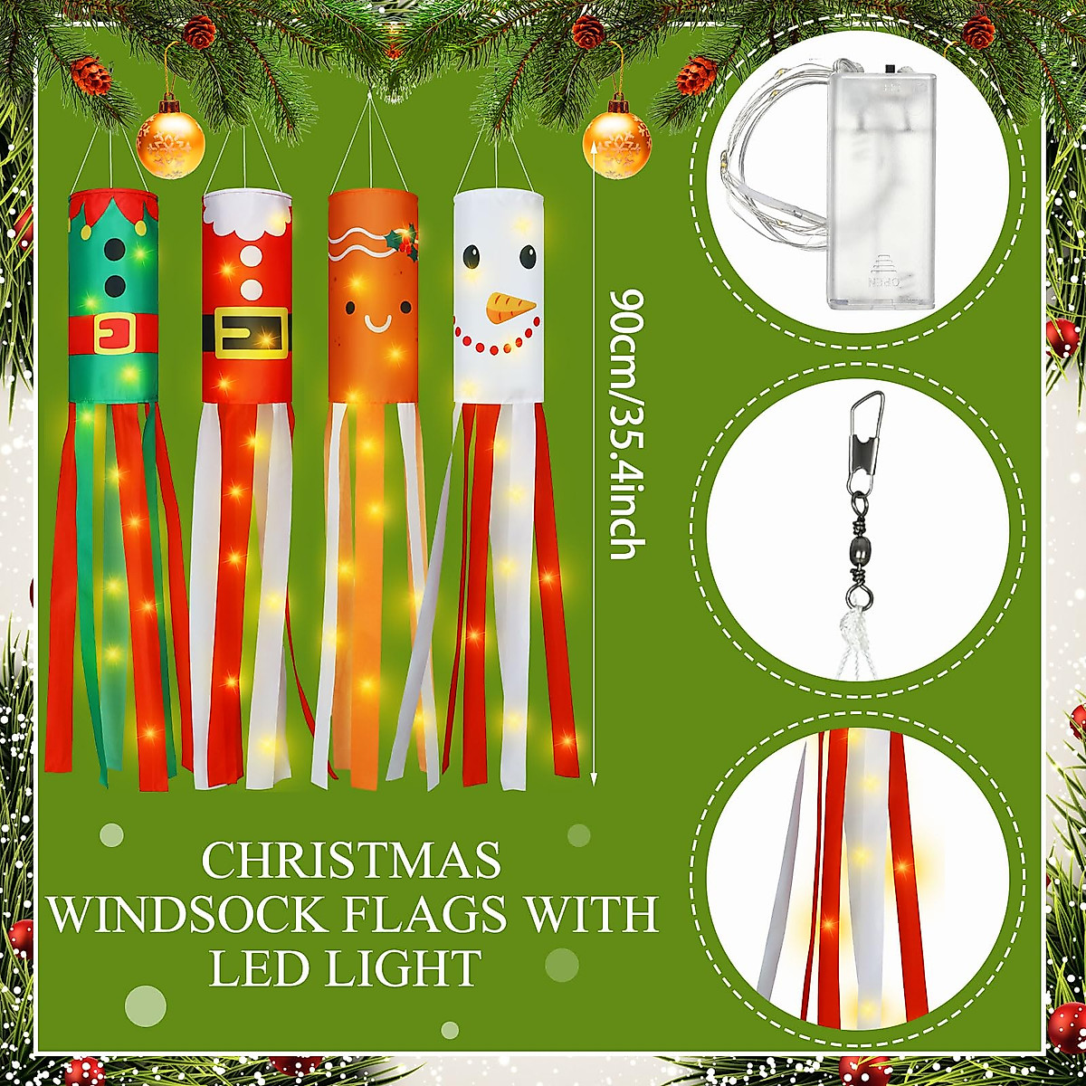 VitalCozy 4 Pcs Christmas Windsock Flags with LED Light Christmas Tree Hanging Decorations Santa Claus Gingerbread Man Elf Snowman Christmas Decorations for Lawn Yard Patio Garden Winter Party Decor