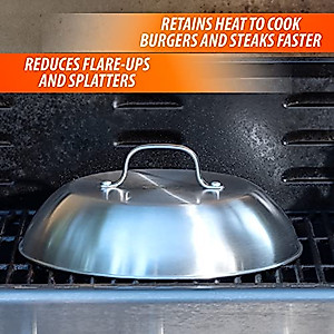 12 Inch Grill Dome Cover, BBQ Grill Accessory Melts Cheese, Cooks Burgers Faster and Prevents Splatter, for Indoor or Outdoor Use, Stainless Steel with Wire Handle