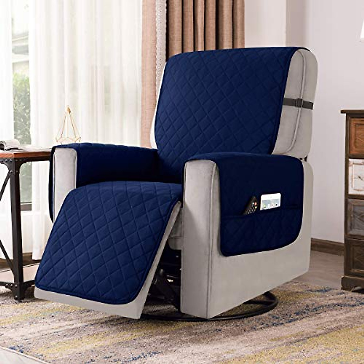 CHUN YI Recliner Chair Cover Reversible Small Recliner Slipcover for Dogs Seat Width to 25 Inch Washable Recliner Chair Protector with Elastic Adjustable Strap for Kids and Pets (Small, Navy)