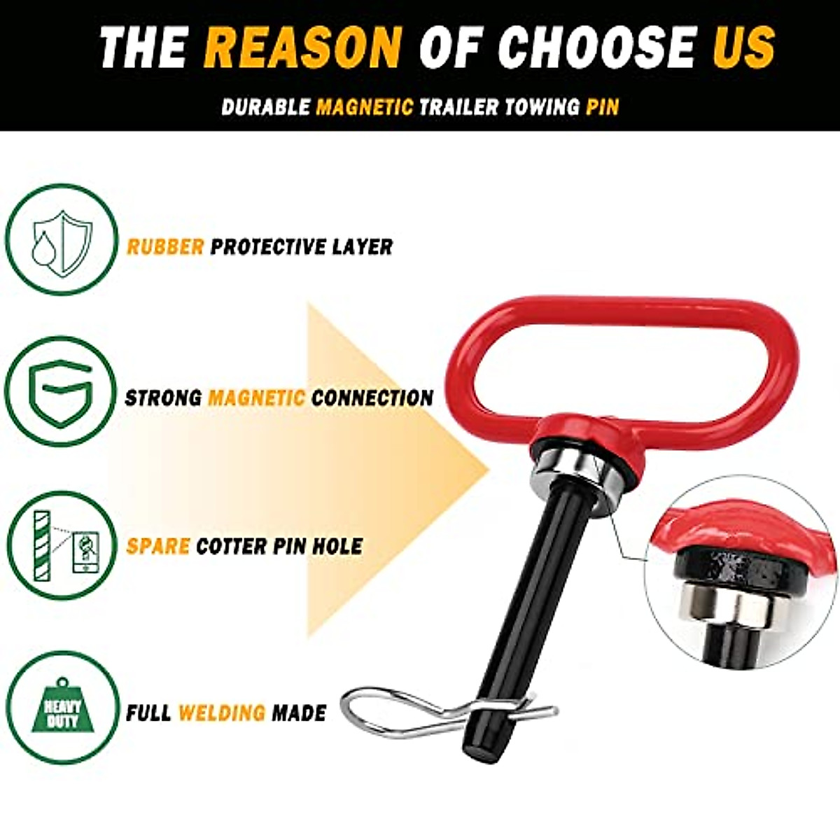 EilxMag Magnetic Hitch Pin, Lawn Mower Trailer Hitch Pins - Strong Heavy Duty Neodymium Magnet Trailer Gate Pin - for Utility Carts, Lawn Tractors, ATV - Simple One Handed Hook On & Off（2PCS）