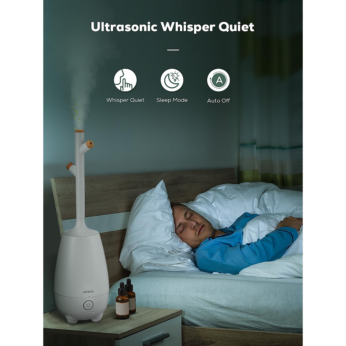 Aiheal Humidifiers for Bedroom Large Room Home, 5L Top Fill Cool Mist Ultrasonic Humidifier for Baby Plants, Smart Humidistat Mode, Essential Oil Diffuser, Sleep Mode, Auto Off and Ultra Quiet, White