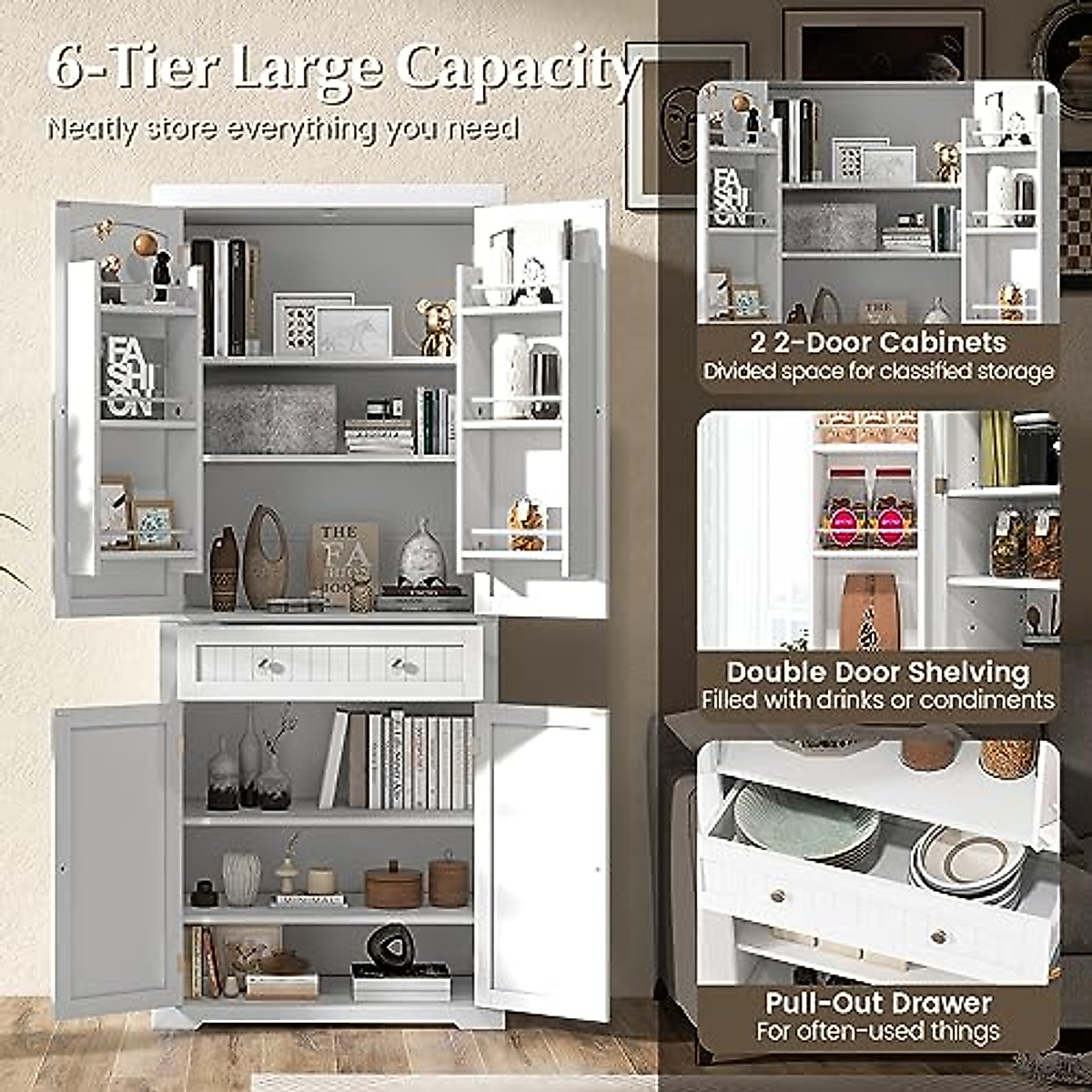 SILKYDRY 72" Tall Kitchen Pantry Cabinet, Freestanding Cupboard w/ 4 Doors & 1 Drawer, 6 Hanging Shelves & 4 Adjustable Shelves, Versatile Storage Cabinet for Dining Room, Laundry, Living Room, White