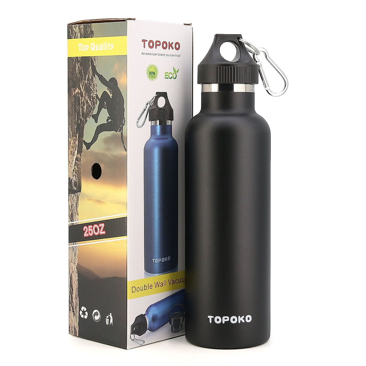 TOPOKO Colored Non-Rusty Stainless Steel Vacuum Water Bottle Double Wall Insulated Thermos, Sports Hike Travel, Leak Proof, BPA Free, 25 oz, Grey (Black)