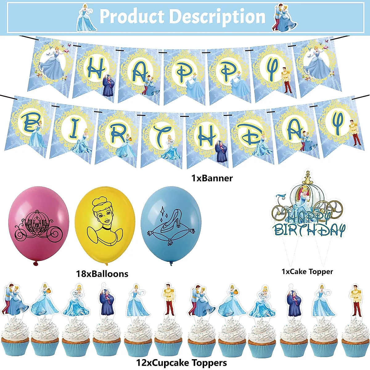 42 Cinderella Birthday Party Supplies Princess Theme Party Favor Includes Happy Birthday Banner,Balloons,Swirls,Cake Toppers for Kids Adults