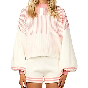 Arssm 2 Piece Sets for Women Casual Knitted Striped Crewneck Pullover Long Sleeve Sweater Shorts Lounge Outfits (White-XL)