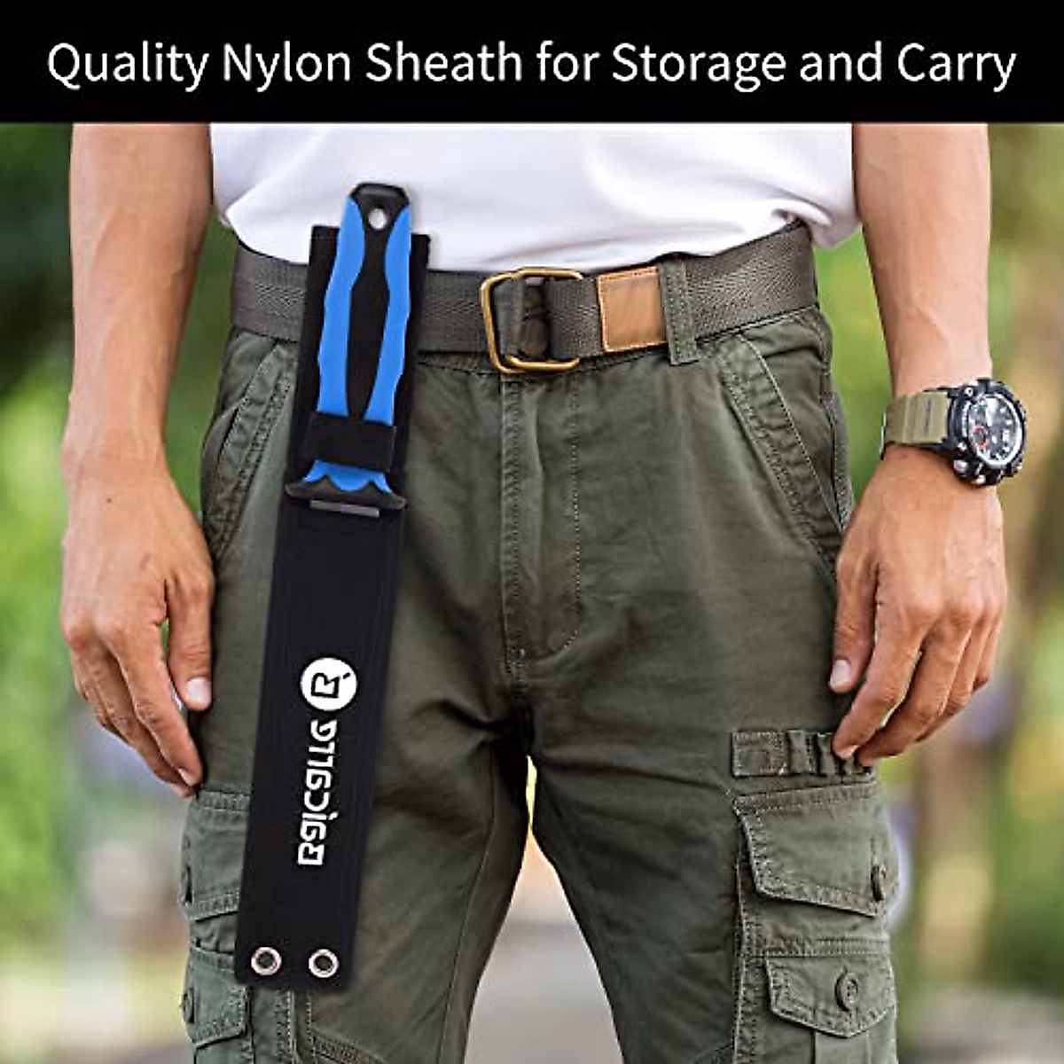 Baicarre Stainless Steel Garden Knife with 7.8" Blade and New Blue Handle, Double Side Utility Sod Cutter Lawn Repair Garden Knife with Nylon Sheath