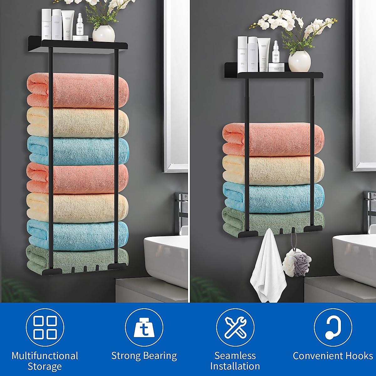 Filta Towel Rack with Shelf for Bathroom Wall Mounted,Retractable Height Metal Bath Towel Rack with Reliable Hooks Storage for Rolled Towel（Black）