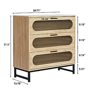 UHMUVFM 3 Drawer Dresser, Small Dresser with Tempered Glass Drawer Design, Modern Wood Dresser for Bedroom, Home Office (Natural)