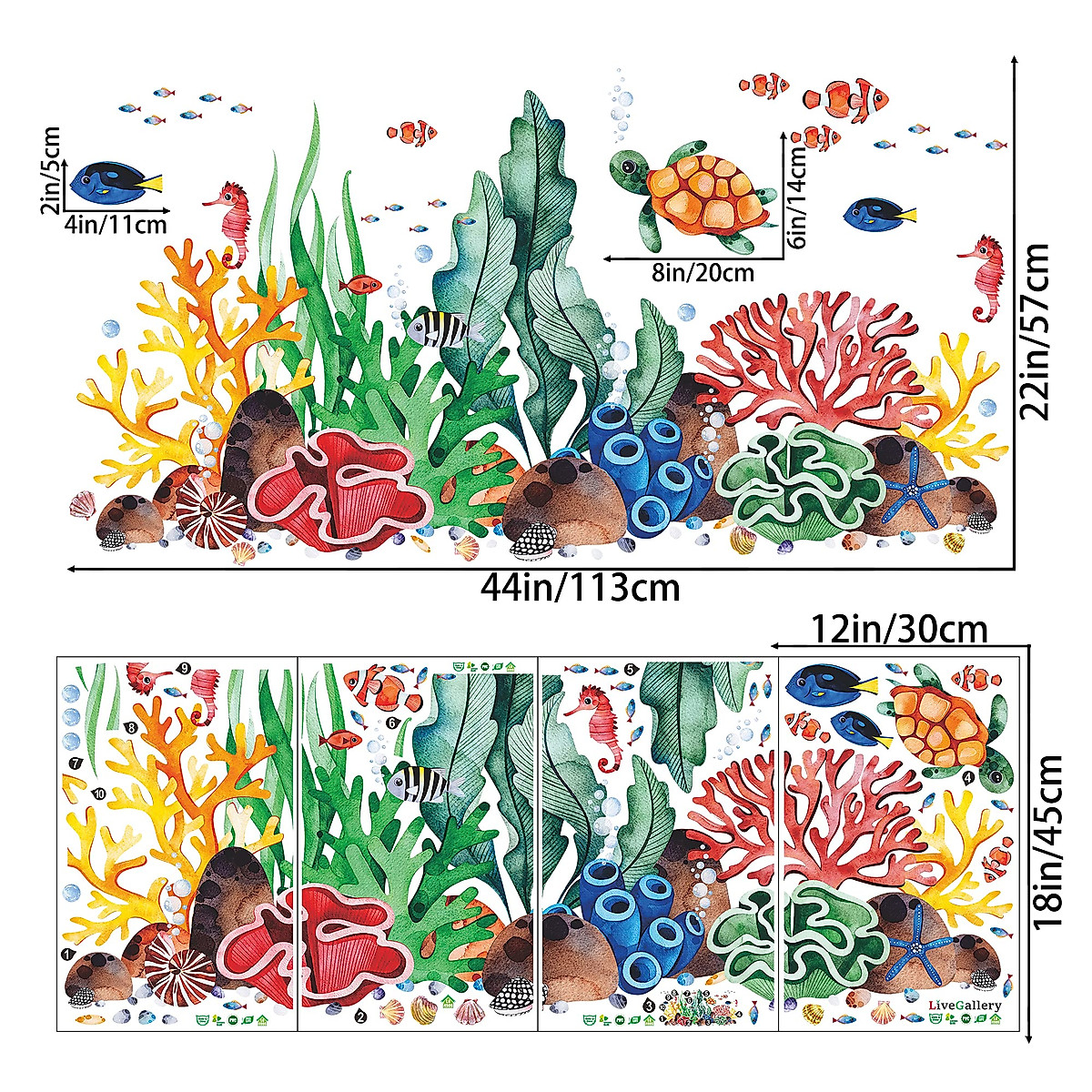 Creative Removable 3D Under The Sea Wall Sticker Ocean Life Coral Grass Wall Decal Peel and Stick Fish Sea Turtle Whale Wall Decor for Kids Bedroom Bathroom Nursery Living Room Wall Corner Decoration