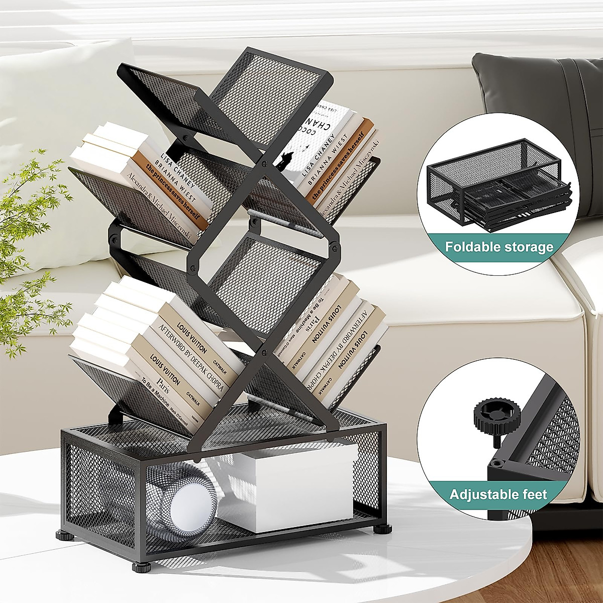 HI NINGER Folding Bookshelf,6 Tier Tree Bookshelf with Storage Cabinet,Small Bookcase Tower for Books/CDs/Movies, Floor Standing Book Shelf for Bedroom/Living Room/Home Office (Black, 6 Tier)