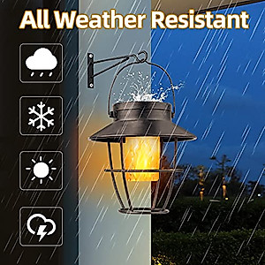 Solar Lantern Outdoor Vintage Metal, KINGLEAD Hanging Solar Lights Flickering Flame Lantern for Halloween Decorative Garden Patio Yard Porch Outdoor Waterproof Wall lights with Wall Mount Kit (2 Pack)