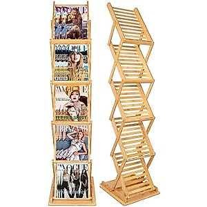 DuvinDD Foldable Bamboo Magazine Rack Floor, Portable Pop-up Display Stand, Magazine Rack 5 Pockets, A4 Size, for Trade Shows, Office, Retail Store, Craft Shows, 57 inch Tall
