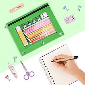 Sooez Pencil Pouch for 3 Ring Binder, 2 Pack Binder Pencil Pouch with Clear Window Pencil Bags with Zipper & Reinforced Grommets, Pencil Case for Binder Blue & Green