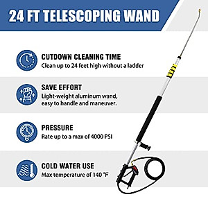 janz 24 FT Telescoping Pressure Washer Wand with 2 Pressure Washer Extension Wands,Gutter Cleaner Attachment, 7 Spray Nozzle Tips, 2 Hose Inlet Adapters, Pivoting Coupler and Support Harness