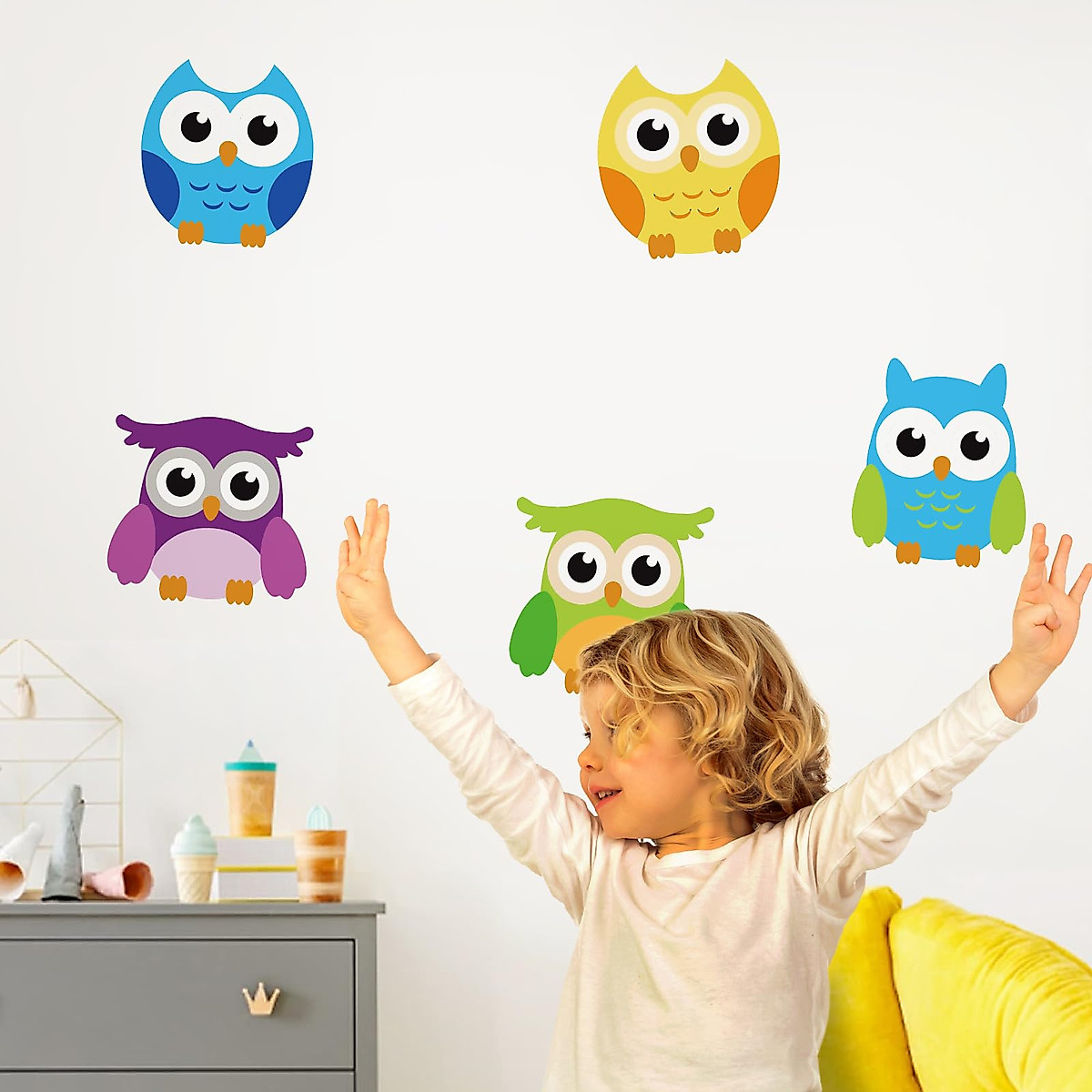 DEKOSH Owl Wall Decals for Baby Nursery Decor | Colorful Large Jungle Theme Animal Wall Stickers for Kids Playroom, Classroom