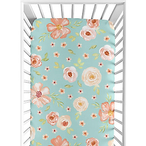 Sweet Jojo Designs Turquoise and Peach Baby or Toddler Fitted Crib Sheet for Watercolor Floral Collection - Pink Rose Flower