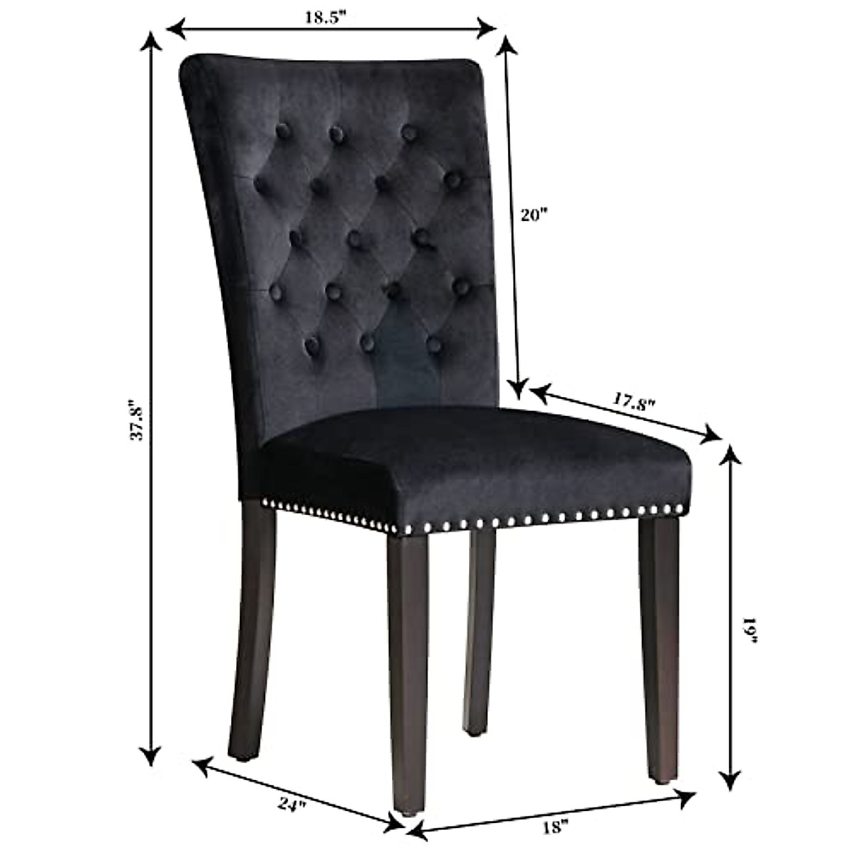 Restworld Velvet Fabric Dining Chair Set of 2 with Button & Nailhead Decoration, Tufted Upholstered Chair for Bedroom & Dining Room, Modern Luxury Style Solid Wood Legs (Black)
