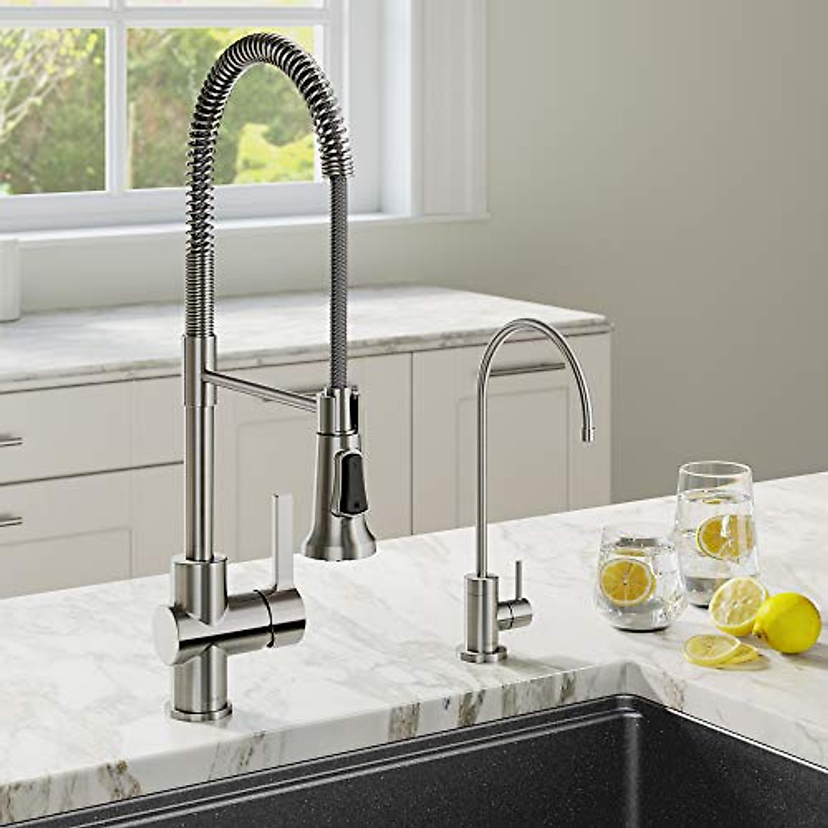 KRAUS Britt Commercial Style Kitchen Faucet and Purita Water Filter Faucet Combo in Spot Free Stainless Steel, KPF-1690-FF-100SFS