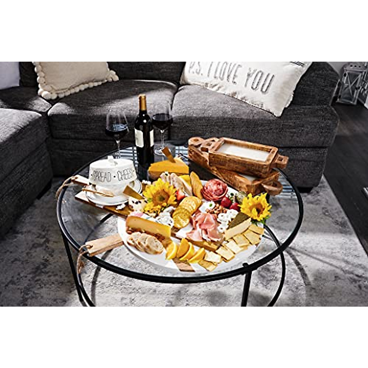 Mud Pie Large Round White/Natural Brown Wood Serving Paddle Board 25 1/5" x 20"